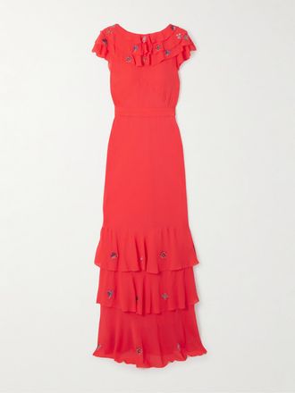 Rixo Robe Longue En Crêpe À Volants Et À Broderies Rio - Orange