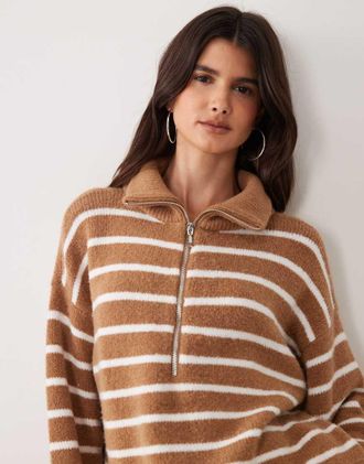 Abercrombie & Fitch pull en maille &agrave; demi-zip en m&eacute;lange de laine &agrave; rayures blanches et marron-Multi