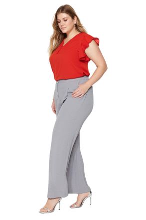 Trendyol Trendyol Womens Damen Gerade Weites Bein Hohe Taille Hosen in Plus Size Pants, Grey Marl, 50/Grande