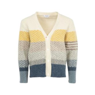 Thom Browne Femme, Pulls, Multicolore, Taille: 42 FR Donegal And Cushendale Herringbone Jacquard V Neck Cardigan