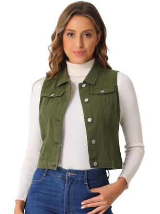 Allegra K Damen Jeansweste &Auml;rmellos Knopfleiste Sommer Denim Revers Jacke Westen mit Taschen Armeegr&uuml;n M
