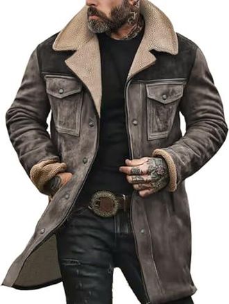 Generic Vestes vintage en daim pour homme - Col en peluche - Style western - Style décontracté - En similicuir - Manches longues - Fermeture éclair - Style ré