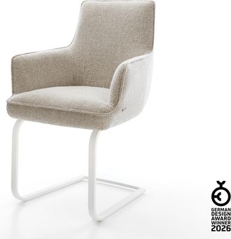 DELIFE Freischwinger Heira-Flex mit Armlehnen Webstoff Soft Beige Freischwinger flach Wei&szlig; Taschenfederkern, Esszimmerst&uuml;hle