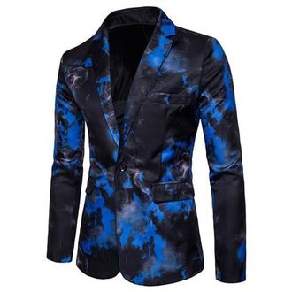 Generic Veste de costume pour homme avec imprim&eacute; flamme, style hip-hop, style d&eacute;contract&eacute; &agrave; motif floral, bleu, L