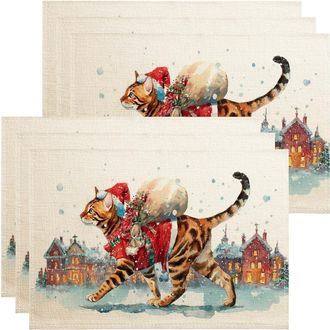 Generic Weihnachtliche Katzen-Tischsets, Beige, Feiertagstischmatten zum Essen, rutschfest, waschbar, f&uuml;r drinnen und drau&szlig;en, festlich, dekorativ, 6 St&uuml;ck