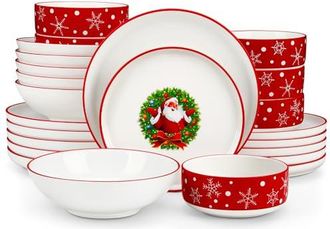 Malacasa Service Vaisselle Noel, 24 Pi&egrave;ces Assiette de Noel Porcelaine, Rouge avec un Motif de P&egrave;re No&euml;l, D&eacute;corations et Cadeaux de No&euml;l