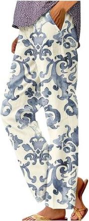 Generic Pantalon Ample Femme Fluide Lin Large Elegant Pantalon D&eacute;contract&eacute; en Coton et Lin pour Femmes Imprim&eacute; R&eacute;tro Poches Amples V&ecirc;tements Femme Ample Fluid