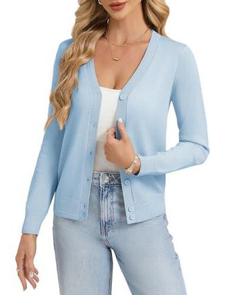 Grace Karin Cardigan d&eacute;t&eacute; l&eacute;ger classique &agrave; col en V boutonn&eacute; pour femme, bleu clair, XXL