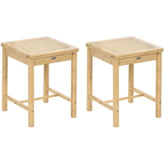 Beliani Lot de 2 Tabourets Boh&egrave;me en Bois de Bambou Assise en Rotin PE Tiss&eacute; Cuisine Salle &agrave; Manger Marron Clair Evires