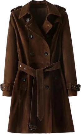 Generic Veste en cuir pour femme - Automne Hiver Noir Double Boutonnage Classique Slim Ceinture Mouton Long Trench Coat, abricot, L