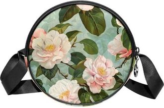 Generic Petit sac &agrave; bandouli&egrave;re rond pour femme, motif cam&eacute;lia, sac &agrave; dos avec fermeture &eacute;clair, bretelles r&eacute;glables, sac &agrave; main rond d&eacute;contract&eacute; pour femmes 