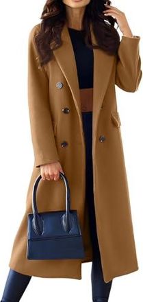 Generic Manteau long en laine pour femme, manteau mi-long, veste crant&eacute;e &agrave; revers &agrave; double boutonnage, v&ecirc;tements dext&eacute;rieur pour lautomne et lhiver 2026, kaki