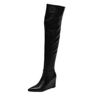 Generic Bottes &agrave; talon compens&eacute; pour femme - Bout pointu - Fermeture &eacute;clair lat&eacute;rale - Chaussures dhiver chaudes, Noir, 38.5 EU