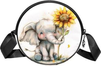 Generic Sac &agrave; bandouli&egrave;re rond pour femme, motif &eacute;l&eacute;phant, tournesol, petit sac &agrave; bandouli&egrave;re avec fermeture &eacute;clair, bretelles r&eacute;glables, sac &agrave; main rond d&eacute;co