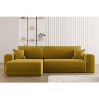 KAISER Ecksofa mit Schlaffunktion und Stauraum f&uuml;r Bettzeug, L-f&ouml;rmiges Sofa, Capri Stoff Poso Gelb Rechts