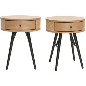 Miliboo Runde Nachttische mit Schublade aus hellem Holz und schwarzem Metall (2er-Set) KORAL