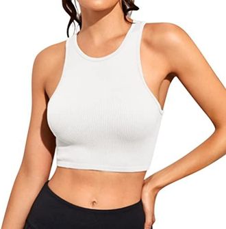 Minetom Femmes D&eacute;bardeurs Sexy Court Tops Blouse Stretch Manche Court Slim Crop Top T-Shirt Uni &Eacute;t&eacute; Yoga Fitness Sport Haut D Blanc S