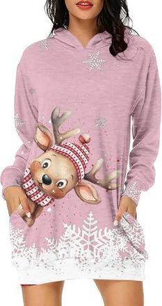 Generic Robe de No&euml;l Femme Amusante, Pull de No&euml;l Femme Long, Pull &agrave; Capuche Sweat-shirt avec Impression de Renne Manches Longues Sweatshirt avec Poches Robes