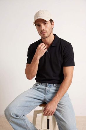 Trendyol MAN Herren Schwarz Einfarbig Kurz Regular Fit Poloshirts