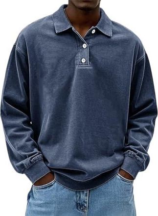 Generic Polo &agrave; manches longues pour homme - Coton d&eacute;lav&eacute; vieilli - Design d&eacute;contract&eacute; &agrave; boutons - Couleur unie - T-shirt d&eacute;t&eacute; pour les loisirs et les activit&eacute;