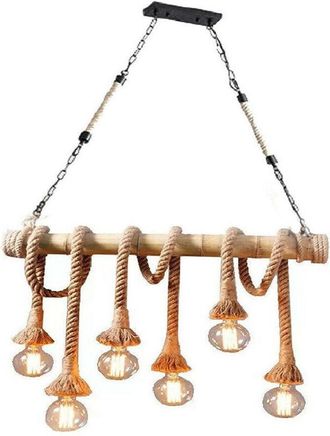 Trade Shop Lampadaria Country 6 Portalampada E27 Lampada Soffitto Vintage Legno Corda B23-6