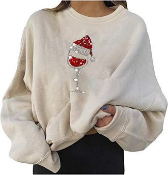Generic 2026 Chandails en coton molletonn&eacute; pour femme d&eacute;contract&eacute; long imprim&eacute; &agrave; manches longues chemisier de mode de No&euml;l, beige, XXL