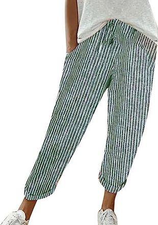 Generic Leinenhose Pantalon de jogging en lin beige pour femme Taille haute Pantalon d&eacute;t&eacute; l&eacute;ger et ample avec cordon de serrage &agrave; la taille, Vert, XXL