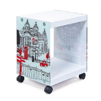 Inter Link SAS Beistelltisch - Nachttisch - Couchtisch - Auf Rollen - London Cube - Glas und MDF - Modern und praktisch - Wei&szlig; lackiert - 38 x 33,5 x 46 cm