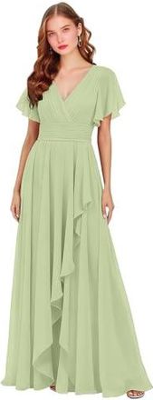 Generic Robe de demoiselle dhonneur en mousseline de soie &agrave; col en V pour femme, robe de soir&eacute;e formelle &agrave; manches flottantes avec fente, vert clair, 58 Grand