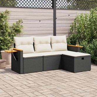 vidaXL 4-tlg. Garten-Sofagarnitur mit Kissen Schwarz Poly Rattan - Vidaxl