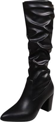 Generic Bottes montantes au genou d&eacute;contract&eacute;es et extensibles pour femme - &Eacute;l&eacute;gantes - Bout pointu - Couleur unie - Talon bloc &eacute;pais - Confortables - &Agrave; enfil