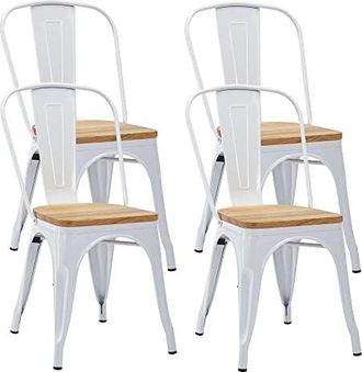 Duhome Chaise de Salle &agrave; Manger Lot de 4 Chaise de Cuisine Empilable Tabouret en M&eacute;tal Si&egrave;ge avec Dossier pour Bar Caf&eacute; Salon Restaurant, Blanc+Bois