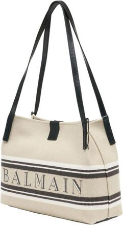 Balmain Womens Canvas Striped Shoulder Bag Beige