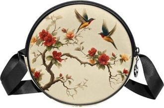 Generic Sac &agrave; bandouli&egrave;re rond pour femme, motif fleurs et oiseaux, petit sac &agrave; bandouli&egrave;re avec fermeture &eacute;clair, bretelles r&eacute;glables, sac &agrave; main rond d&eacute;cont