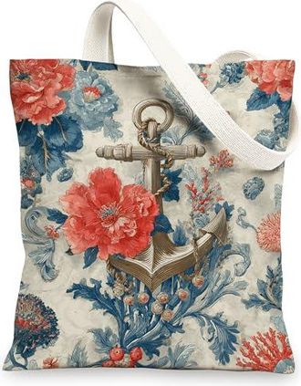 Generic Ancres Sac fourre-tout en toile motif floral, vintage, réutilisable, sac de courses en lin, léger, bleu, 33 x 38 cm