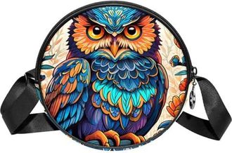 Generic Sac &agrave; bandouli&egrave;re rond pour femme, motif hibou color&eacute; avec fermeture &eacute;clair, bretelles r&eacute;glables, sac &agrave; main rond d&eacute;contract&eacute; pour femmes et filles