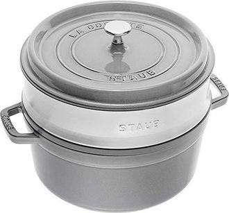 Staub Cocotte en Fonte Émaillée avec Couvercle et panier vapeur, Tous feux dont induction, 4 à 5 personnes, Ronde, 26 cm, 5 L, 7,2 kg, Gris Graphite