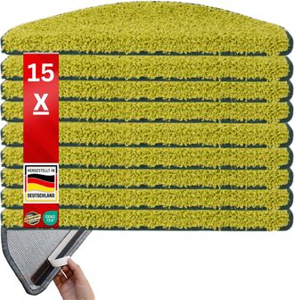 Floordirekt Shaggy-Stufenmatten Barcelona - 15er Set - Treppenmatten in 16 Farben, Strapazierfähig & pflegeleicht, Stufenteppich für Innen (Grün, Halbrund 65 x 23