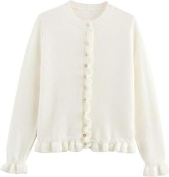 Generic Cardigan Femme &agrave; Boutons Volants, Manches Ballon Ouvert Devant Uni, Pull D&eacute;contract&eacute; pour Automne Hiver(White,M)