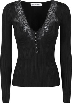 Self Portrait Femme, Tops, Noir, Taille: 42 FR Haut en Tricot avec Garniture en Dentelle