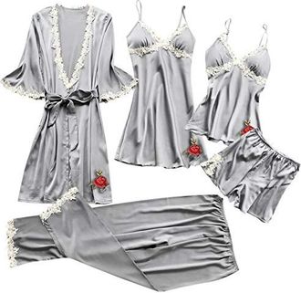 Generic Pyjama en satin vert 5 pi&egrave;ces pour femme - Pyjama kimono en soie - V&ecirc;tement de nuit soyeux 5 pi&egrave;ces - Ensemble de v&ecirc;tements de d&eacute;tente grande taille -