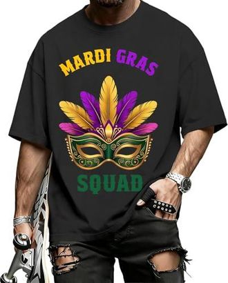 Generic Chemises Mardi Gras pour homme - Col rond, surdimensionn&eacute;, tendance, tendance, &agrave; manches courtes, T-shirts d&eacute;contract&eacute;s Mardi Gras Squad, Noir, 4XL