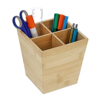 Relaxdays Stiftehalter, Stifteorganizer mit 4 F&auml;chern, Schreibtisch, HBT: 15,5 x 14,5 x 14,5 cm, Bambus Stiftebox, Natur