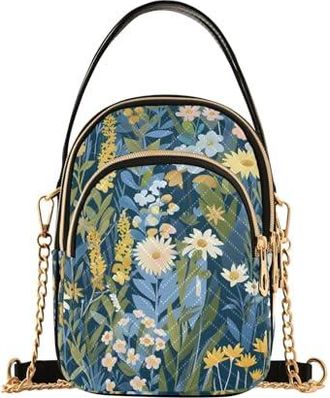 Mnsruu Sac à bandoulière pour femme avec sangle réglable Motif fleurs sauvages Bleu printemps