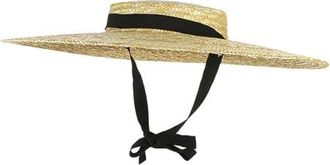 Generic Chapeau de bateau à large bord pour femme - Chapeau de paille plat pour femme - Avec ruban blanc et noir - Chapeau de soleil - Chapeau de plage, Chape