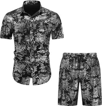 AlltheMen Chemises Homme Manches Courtes 2 Pi&egrave;ces Shirt Bouttons et Pantalon &eacute;t&eacute; Casual Tops Paisley Ensemble Hawa&iuml;enne Argent S