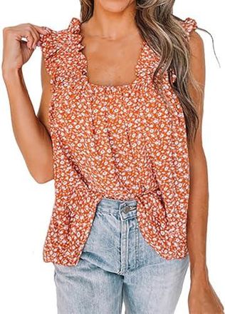 Generic Tunique décontractée pour femme, débardeur à bretelles froncées, débardeur de plage bohème floral, haut court découpé pour femme, Rouge, XL