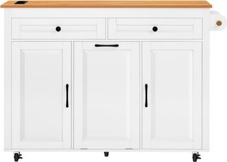 Merax Kücheninsel auf Rollen mit Steckdosenleiste & ausziehbarer Fläche - Mobile Kücheninsel mit Holzarbeitsplatte, Stauraum und Mülleimerfach ohne Mülleime