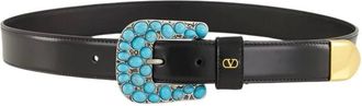 Valentino Garavani Femme, Accessoires, Noir, Taille: 85 CM Ceinture VLogo avec boucle en pierre turquoise