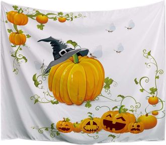 A.Monamour Wanddekor Wandbild Vorhang Wandteppiche Weiße Hintergründe Gelbe Kürbis Hexe Hut Schmetterling Halloween Urlaub Drucken Wand Hängende Tapisserie Bett 